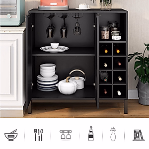 Plebs Home Contemporary Style Sideboards and Buffets, Coffee Bar, Cabinet, Wine, Racks Storage, Server, Dining Console, 34 Inch, Easy Assemble, for Kitchen, Living Room-Black