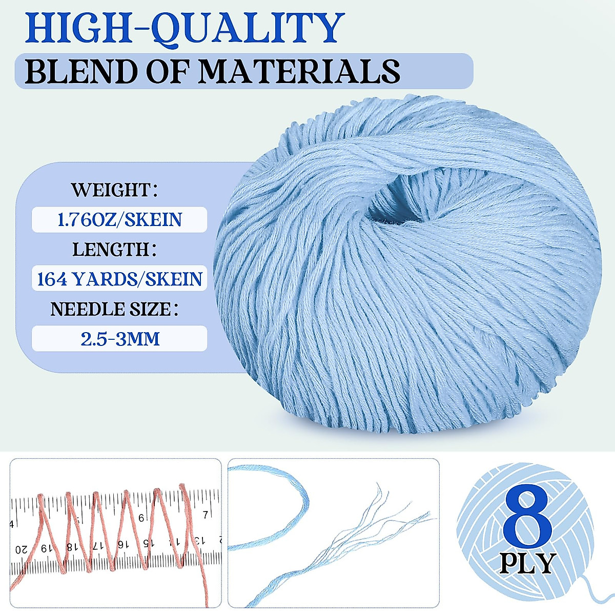 Timgle 24 Skeins Cotton Yarn, Yarn for Beginners, Crocheting and Knitting with Easy to See Stitches Cotton Yarn,Fingering Weight Yarn for Crochet and Knitting, Per Skein 1.76 Oz/164 Yards