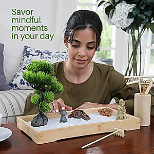 ENSO - Japanese Zen Garden for Desk - Extra Large 16" x 8" Desktop Mini Zen Garden with White Sand, Artificial Bonsai Tree, Rocks, Rakes & Accessories - Zen Gifts Sand Garden Kit for Office Decor