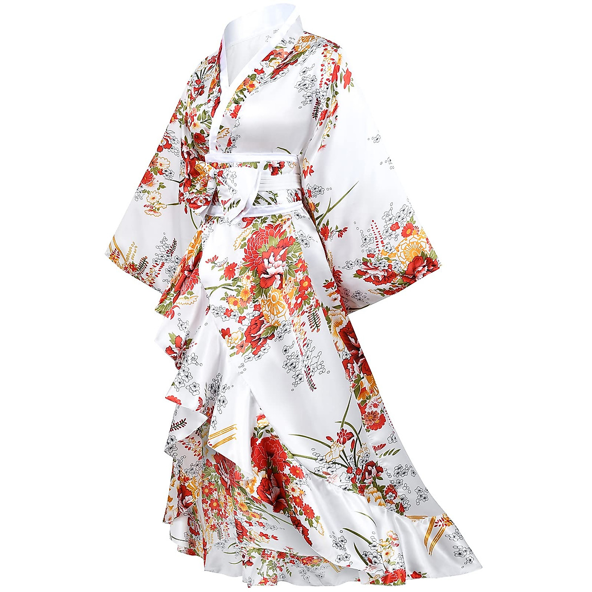 Japanese Anime Women's Kimono Robe Geisha Yukata Sweet Tuxedo Ruffle Dress Blossom Satin Bathrobe Sleepwear Fans Tabi Socks Set White S