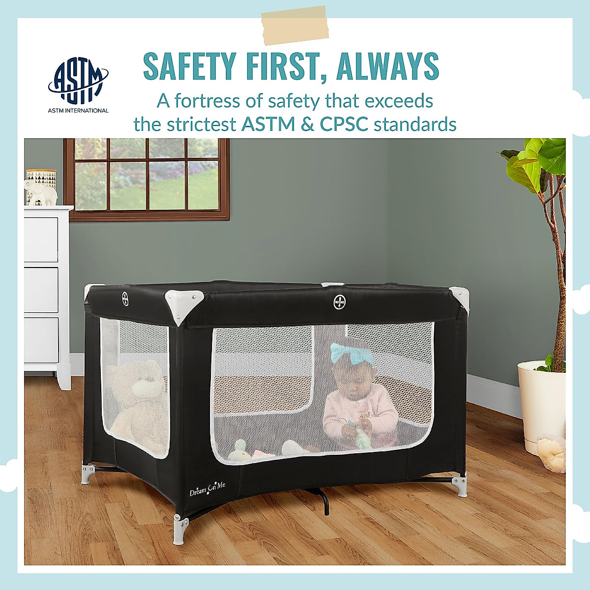 Dream On Me Zoom Portable Playard in Dark Grey, Lightweight, Packable and Easy Setup Baby Playard, Breathable Mesh Sides and Soft Fabric - Comes with a Removable Padded Mat