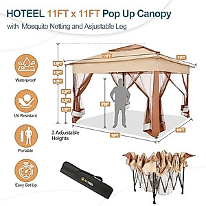 COBIZI 11x11 Pop Up Gazebo Canopy Tent Easy Up Outdoor Gazebo Waterproof Upgrade Portable Gazebo with Mosquito Nettings, Double Vented Roof and Carry Bag for Patio Garden Lawn(Khaki)
