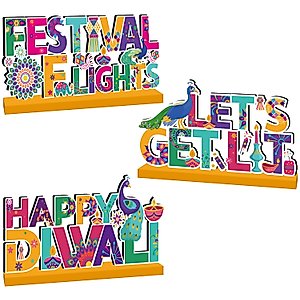 3Pcs Diwali Decorations Wooden Table Centerpieces, Happy Diwali Table Decorations for Indian Hindu Festival of Lights Party Diwali Decorations for Table