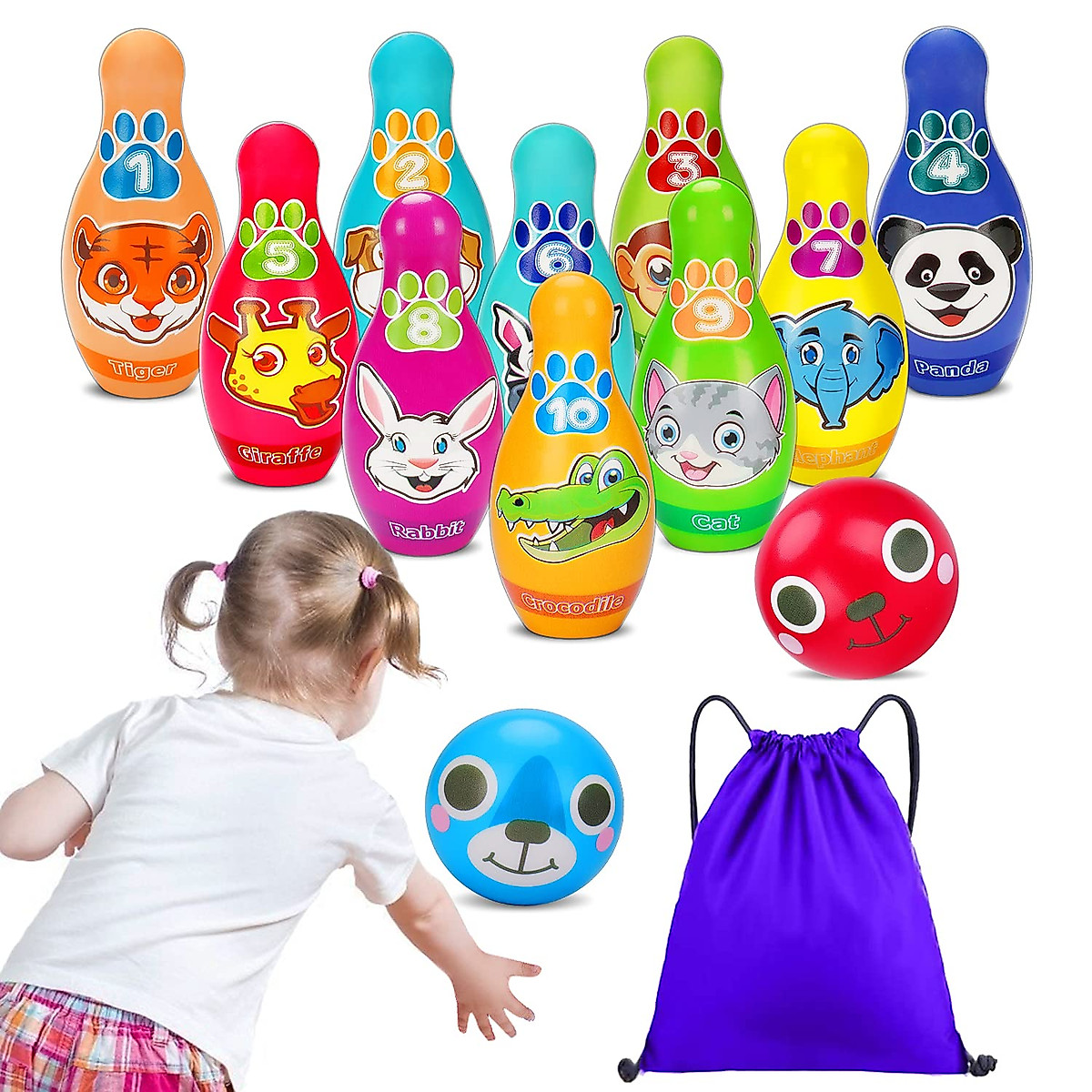Tsomtto Kids Bowling Set Toddler Toys for 2 3 4 Year Old Boy Girl Birthday Gifts Soft Foam Animal Bowling Pins with Storage Bag Indoor Activities Outdoor Outside Easter Games Age 1-3 2-4 Present