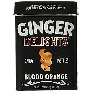 Ginger Delights Blood Orange Candy | Genuine Ground Ginger Root, Natural Flavors | Kosher Certified, Vegan, Gluten Free | Aspartame & Xylitol Free | 30 Count Tin (Pack of 12)