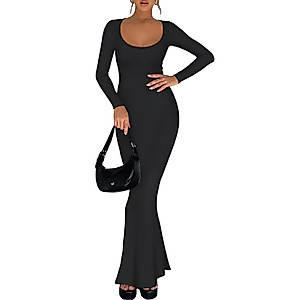 REORIA Womens Sexy Casual Scoop Square Neck Long Sleeve Soft Lounge Long Dress Fall Wedding Guest Elegant Ribbed Bodycon Maxi Dresses Black Large