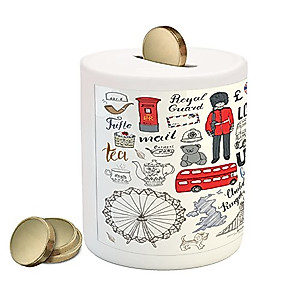 Ambesonne Hipster Piggy Bank, I Love London Double Decker Bus Telephone Booth Cab Crown of United Kingdom Big Ben, Ceramic Coin Bank Money Box for Cash Saving, 3.6" X 3.2", Red Blue