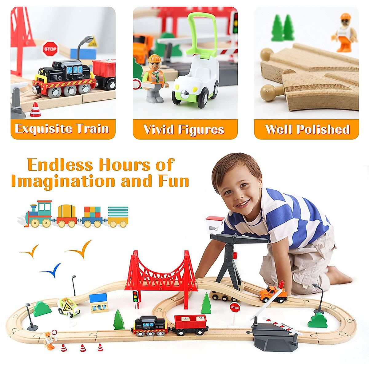 WOOD CITY Wooden Train Set, 56-Piece Deluxe Kids Toy Train Set for 2 3 4 5 Year Old Boy, Cargo-Themed Train Track with Tower Crane & Suspension Bridge - Fits Thomas Brio Chuggington Melissa Orbrium