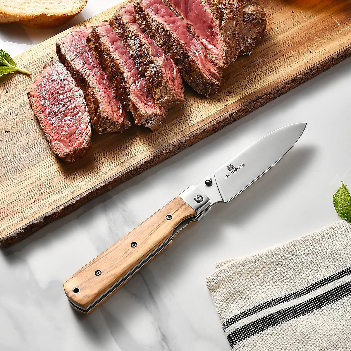 ZhengSheng 4.5" Folding Utility Knife 440A Stainless Steel Blade Natural Olive Handle Pocket Foldable Fruit knife peeling knife for Outdoor Camping Activities