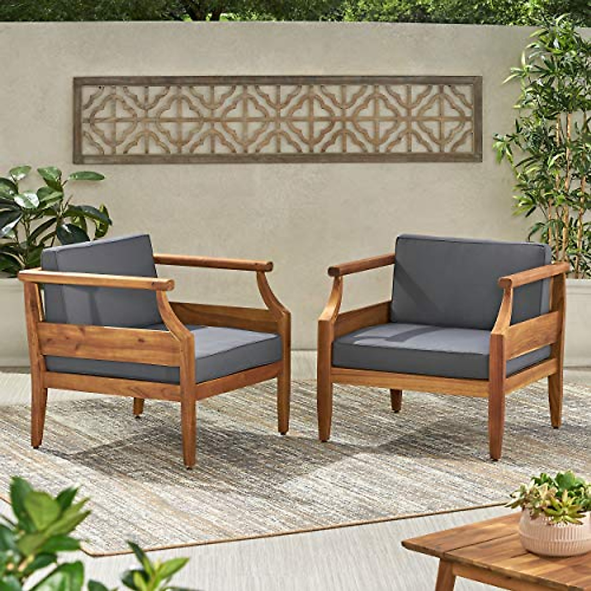 Christopher Knight Home Daisy Outdoor Club Chair with Cushion (Set of 2), Teak Finish, Dark Gray