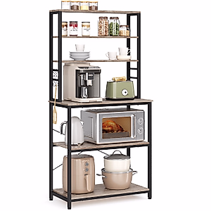 VASAGLE Coffee Bar, 31.5 Inches Baker's Rack for Kitchen with Storage, 6-Tier Kitchen Shelves with 6 Hooks, Microwave Stand, Industrial, Greige and Black UKKS019B02