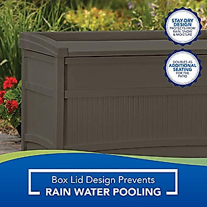 Suncast 50-Gallon Medium Deck Box - Lightweight Resin Indoor/Outdoor Storage Container and Seat for Patio Cushions and Gardening Tools - Store Items on Patio, Garage, Yard - Java