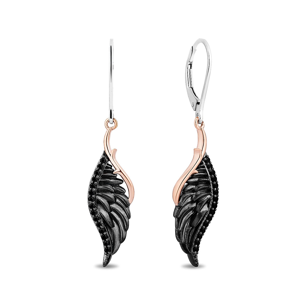 Jewelili Enchanted Disney Fine Jewelry 10K Rose Gold and Black Rhodium over Sterling Silver 1/5 Cttw Treated Black Round Diamond Maleficent Earrings