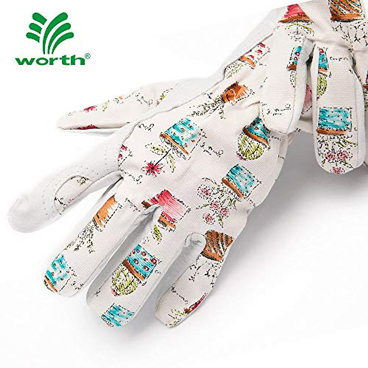Worth Garden Gardening Gloves for Women - Cute Leather & Canvas Work Gloves Breathable Lightweight Fingertips Protection Adorable Potted Pattern - Gift for Gardeners