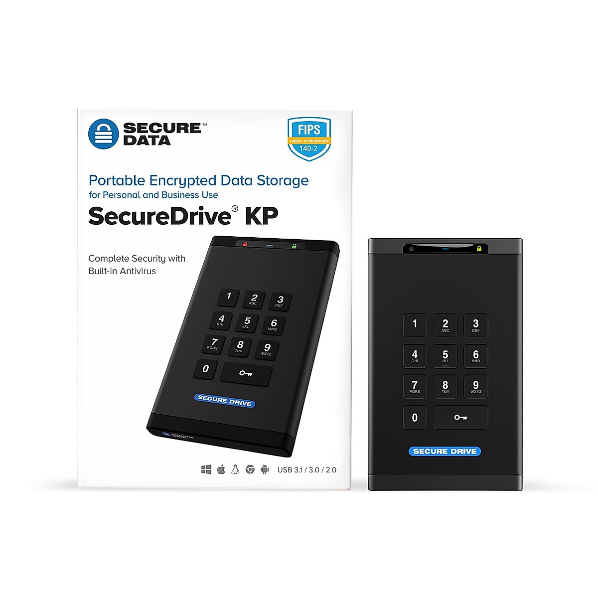 SecureData SecureDrive KP 5TB Hardware Encrypted USB 3.0 External Drive FIPS 140-2 Level 3 Unlock via Keypad TAA Compliant, CJIS, HIPAA, CMMC, GDPR Compliant, Works with Mac and Win Free AV