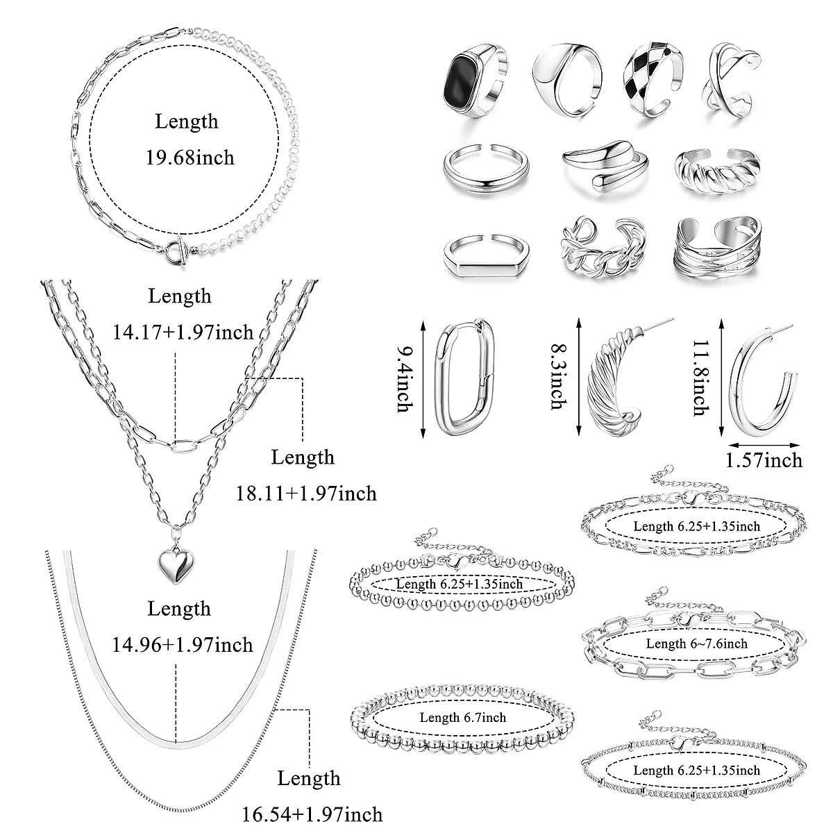 Sanfenly 21 PCS Silver Jewelry Set with 3 PCS Silver Plated Necklaces, 5 PCS Chain Bracelets, 3 Pairs Hoop Earrings, 10 Pcs chunky Rings for Women Fashion Jewelry Valentine Anniversary Birthday Gift