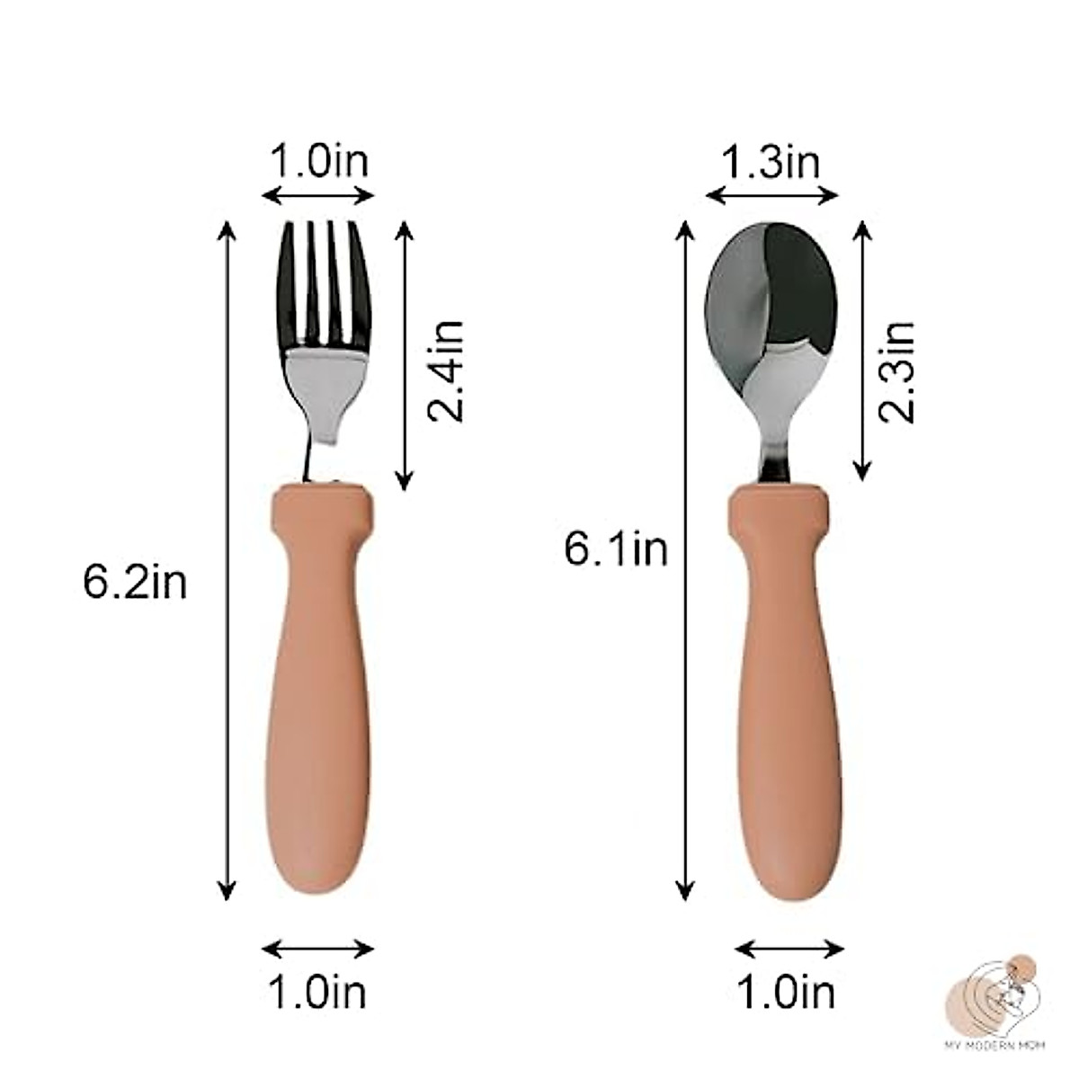 My Modern Mom Toddler Utensils - Spoons and Forks Set - 6 Pack Feeding Cutlery – Apricot, Cream and Sand Colors – Stainless Steel with Silicone Handles – Food Grade Silicone – Dishwasher Safe