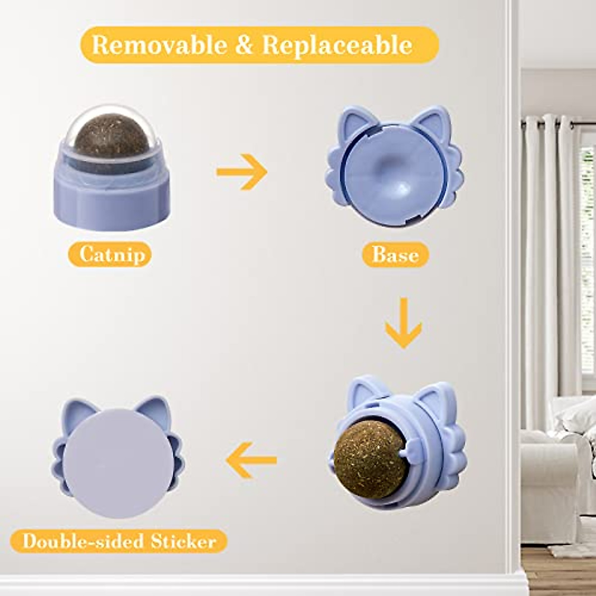 PODOO Catnip Toys for Cats, 3 Pack Edible Balls for Teeth Cleaning, Self-Adhesive and Rotatable Kitten Chew Toy, Safe and Healthy Wall Cat Toys