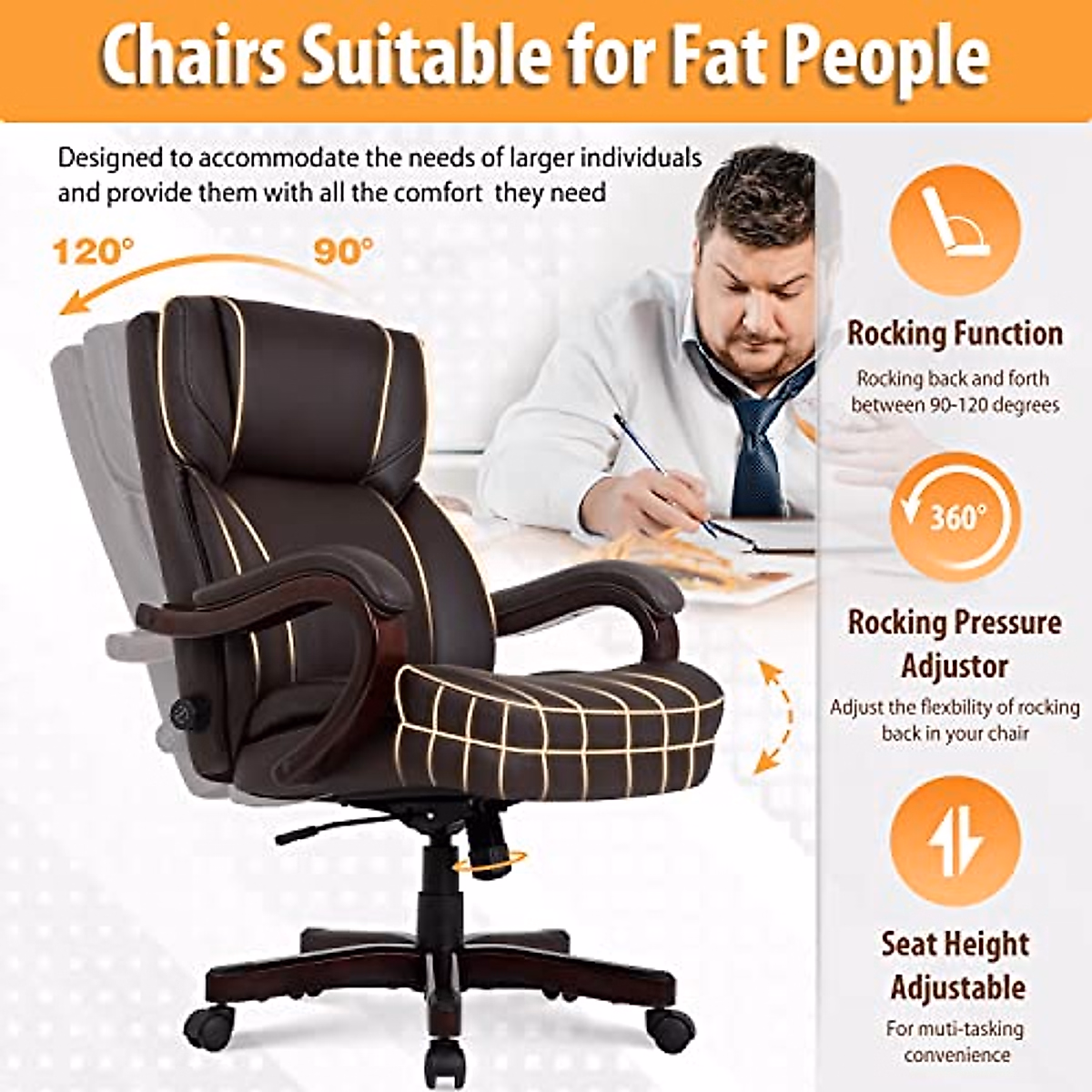 Big and Tall Office Chair Wide Seat Ergonomic Desk Chair with Lumbar Support Wood Armrest High Back PU Leather Executive Task Computer Chair for Heavy People