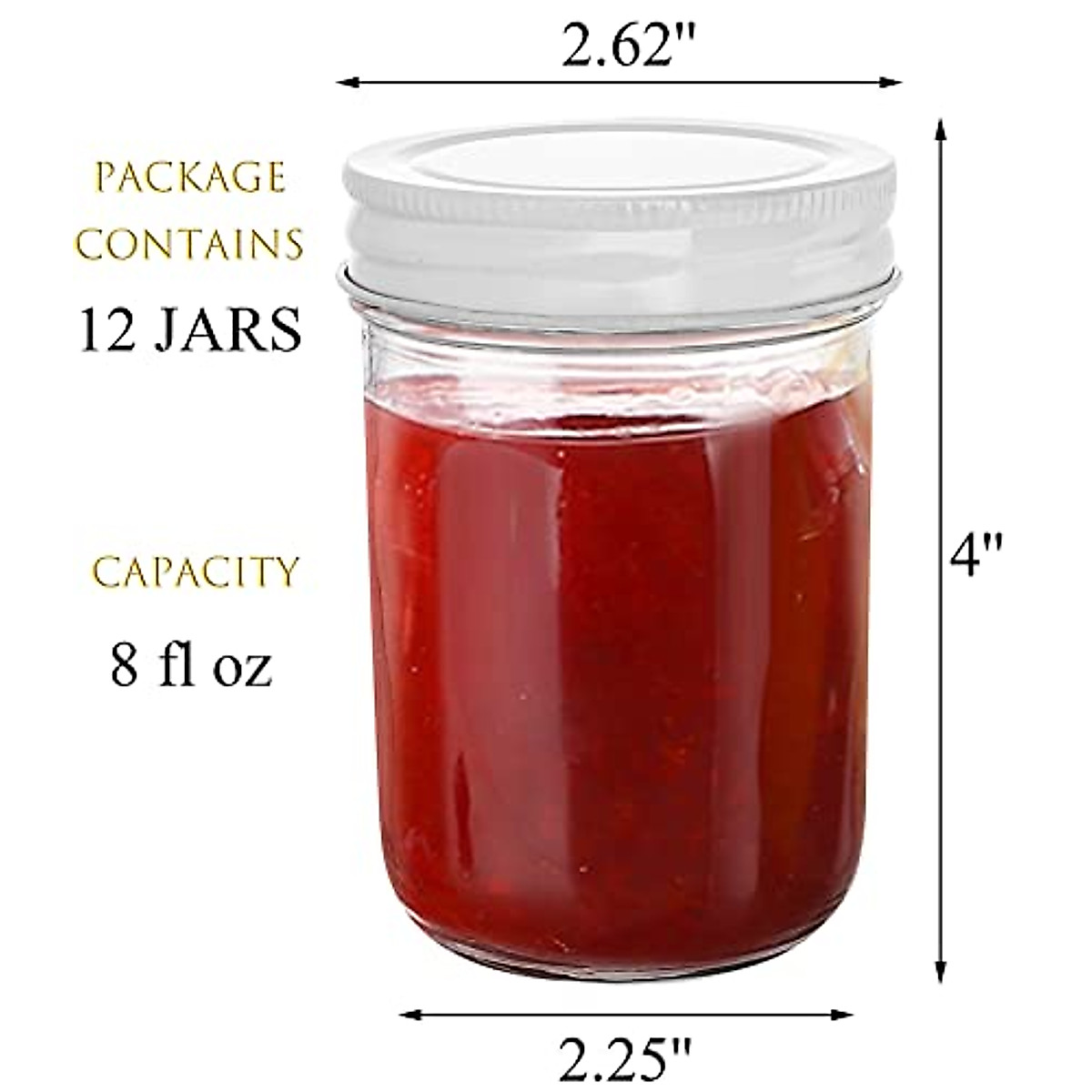 Yesland 12 Pack Glass Mason Jars Full Mouth, 8 oz Overnight Oats Jars with Metal Airtight Lids BPA Free Canning Jars for Jelly, Jam, Dry Food, Spices, Herbs, Salads, Yogurt