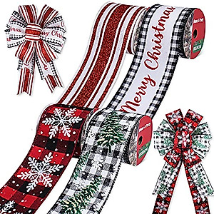 Christmas Ribbon Wired 2.5 Inch x 60Feets (4 Roll x 15Ft),Farmhouse Merry Christmas Red Buffalo Plaid Ribbon with Wire for Wreaths DIY Crafts
