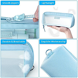 Sooez Large Grid Mesh Pencil Case, Big Capacity Clear Pencil Pouch Pen Bag with Zipper Closure, Cute Stationery Organizer Transparent Makeup Bag for Adult Girls Boys Office School Supplies, Blue