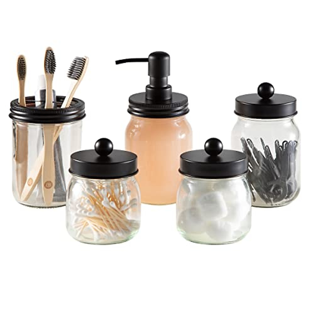 Mason Jar Bathroom Accessories Set – 5-Piece Bathroom Set with Toothbrush Holder, Soap Dispenser, Canister, and 2 Small Jars by Lavish Home (Black)