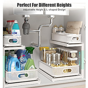 2-Pack Under Sink Storage Organizer with 2-Tier Slide Out Drawer, Sophisticated Mesh Pull Out Shelf for Kitchen & Bathroom, Fits Small Items, Upgraded Arched Track for Smooth Gliding,Patent Pending