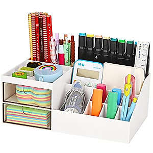 LETURE Office Supplies Desk Makeup Organizer Caddy with Drawer + 6 Sticky Notes, White 13 Compartments, Desktop Accessories Organizer for Office, Home