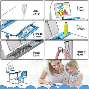 BELANITAS Kids Desk and Chair Set 10-12 Years Old Height Adjustable School Desk,Ergonomic Student Table for Kids with Tilt-able Desktop,Kids Study Desk for Go Back School Gift Blue