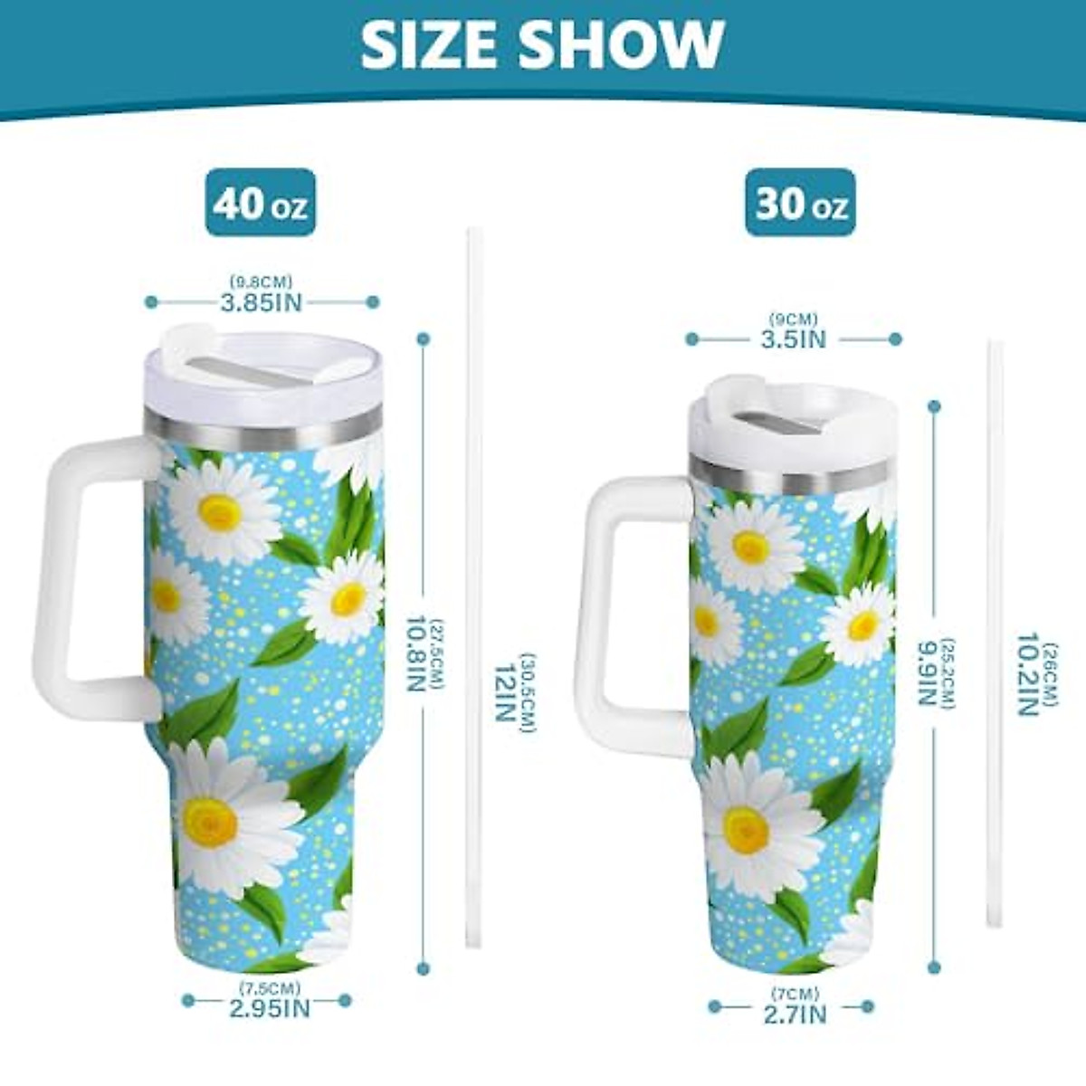 RPLIFE White Daisies Yellow Light Blue 40 Oz Tumbler, Stainless Steel Tumbler with Straw, Travel Coffee Tumbler