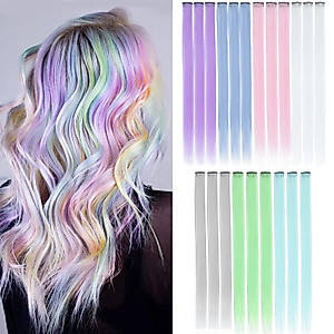 Sleekcute Ice Cream Color 7Colors 21Pcs Colored Hair Extensions, Clip in Straight Synthetic Hairpieces 22 Inch, Party Highlights Colorful Hair Extensions for Kids, Women & Girls