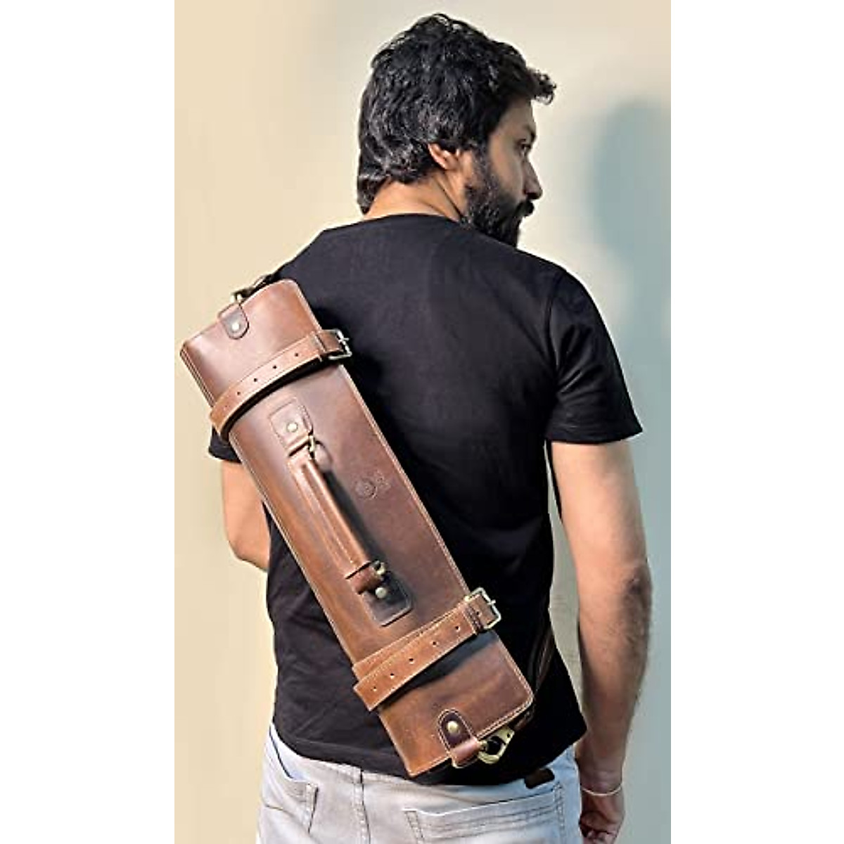RUSTIC TOWN Leather Knife Roll Storage Bag | Elastic and Expandable 11 Pockets with Tool Pouch | Adjustable/Detachable Shoulder Strap | Travel-Friendly Chef Knife Case Roll (Walnut Brown)