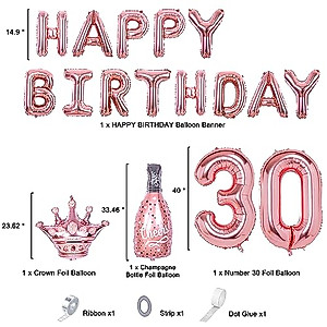 30th Birthday Decorations for Women, 40in Rose Gold 30th Birthday Balloons Party Supplies, 94pcs Happy 30th Birthday Party Decorations Women Pink White Rose Gold Balloon Arch Kit Champagne Balloon