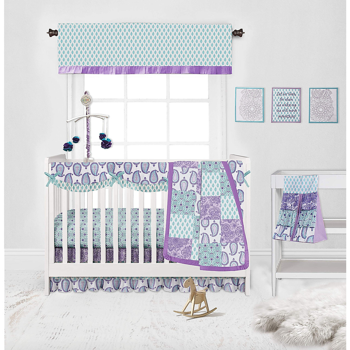 Bacati - Paisley Floral 100 Percent Cotton Percale Crib/Toddler Bed Ruffle/Skirt (Aqua/Lilac/Purple 3 Tier Layer)
