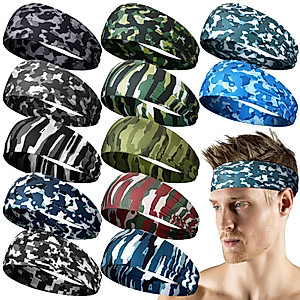 Newcotte 12 Pcs Headbands for Men Sport Camo Sweatbands Nonslip Stretchy Hairband Lightweight Sweat Absorbing Colorful Workout Head Bands for Sport Women Running Gym Jogging