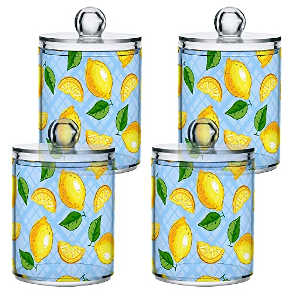 Plastic Jars with Lids,Yellow Lemons Blue Checkered Bulk Pack Storage Containers Wide Mouth Airtight Canister Jar for Kitchen Bathroom Farmhouse Makeup Countertop Household,Set 2