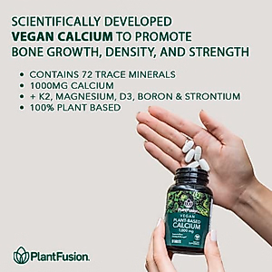 PlantFusion Vegan Calcium, Premium Plant Based Calcium (1000mg) Sourced from Icelandic Red Algae, Plus Magnesium, D3, K2, and Boron, 90 Vegan Tablets
