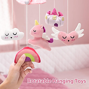 SHIDEER Crib Mobile for Girls, Crib Mobile with 36 Lullabies Musical Box, Baby Mobile for Crib with Mirror, Volume & Songs Control, Baby Mobile Hanging Rotating Crib Toys(Pink Castle&Rainbow Theme)