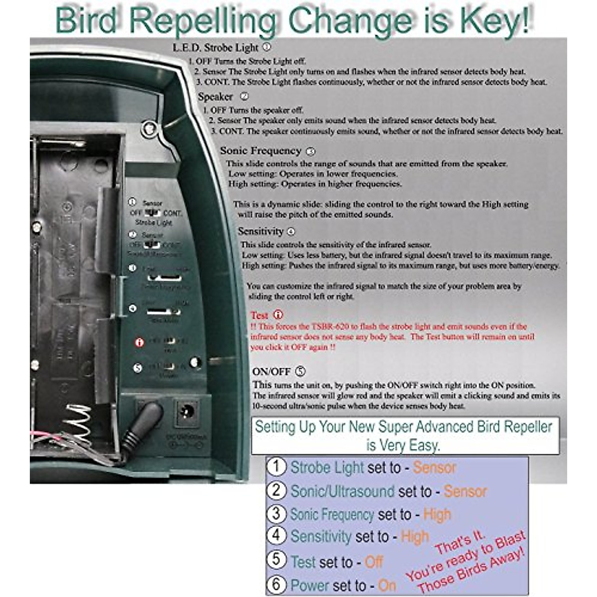 Cleanrth TSBR620 Super Advanced Sonic/Ultrasonic Bird Repeller w/Triple Scan Technology