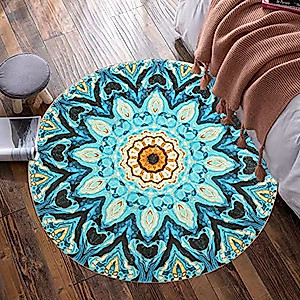 GEVES Trippy Mandala Round Area Rug Turquoise Floral Rugs for Bedroom Kids' Room Living Room Bathroom 3ft Carpet Accent Throw Rugs Indoor Use Non-Slip Easy to Clean
