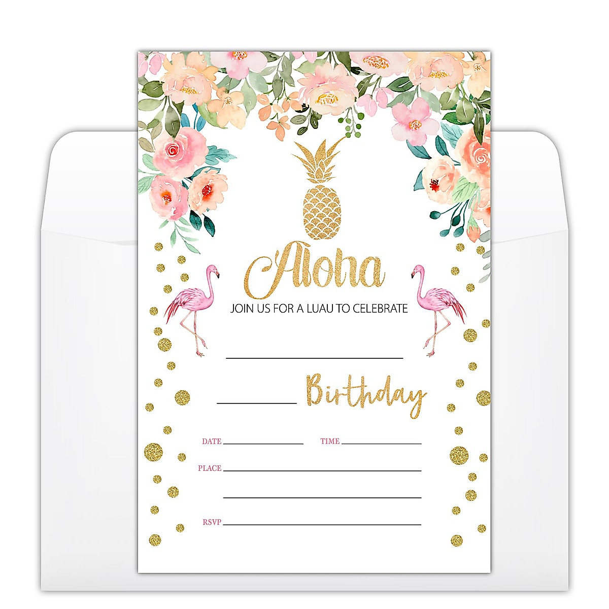 Hawaiian Aloha Luau Floral Birthday Party Invitations Cards with Envelopes, Tropical Summer Party Invitations, Birthday Celebration Supplies, Double-sided Fill-in bday Invites for Boys Girls- A09