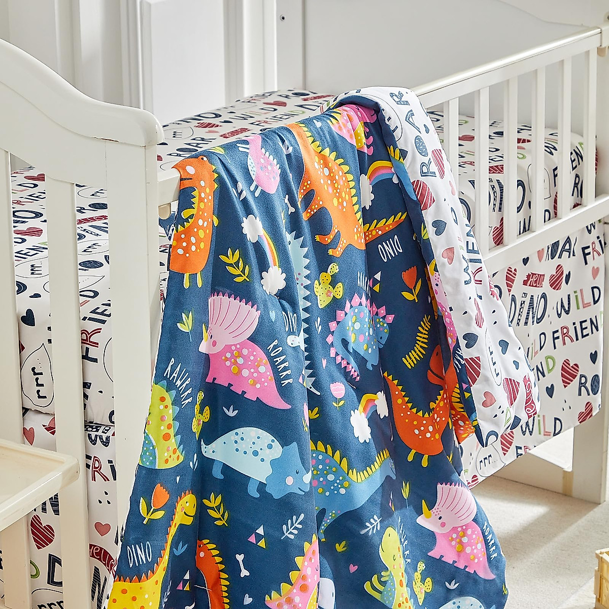 Dinosaur Crib Bedding Set - 3 Pieces Navy Dino Baby Quilted Crib Comforter with Crib Fitted Sheet and Crib Skirt for Boys Girls Cute Colorful Baby Bed Set with Blue Pink Orange Yellow Dinosaurs