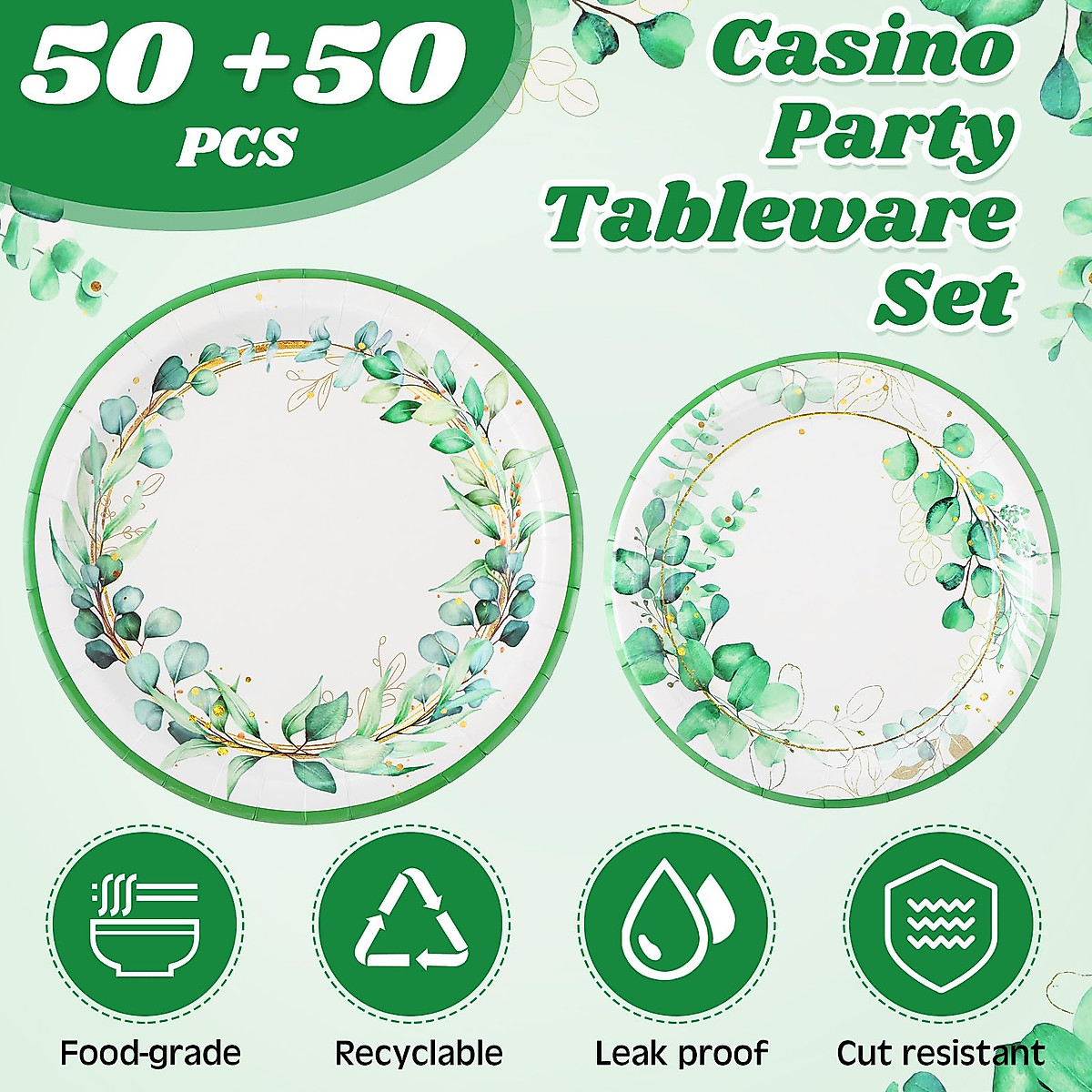 Mumufy 100 Pack Sage Green Paper Plates Eucalyptus Dinner Plates and Greenery Leaves Dessert Plates Spring Summer Decorative Tableware for Wedding Baby Shower Bridal Shower Birthday Party Supplies
