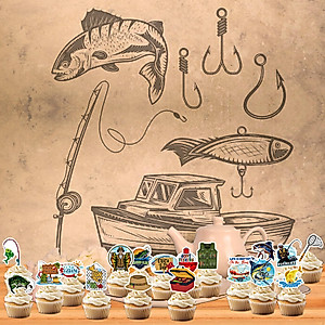 Plorbach 48 Pcs Fishing Cupcake Toppers, Upgrade Designed Fishing Birthday Party Cupcake Picks Decorations Gone Fishing Party Supplies For Men Boy fisherman Birthday Fishing Themed Party