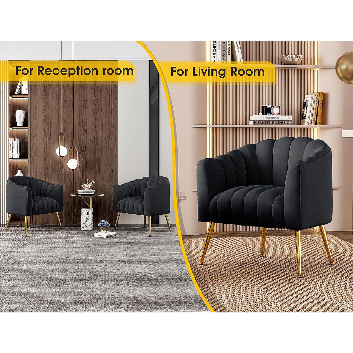 Dewhut Oversized Pumpkin Couch Accent Chair, Modern Comfy Velvet Upholstered Barrel Chairs, Luxury Single Sofa Armchair for Living Room, Waiting Room, Office and Vanity, (Black)