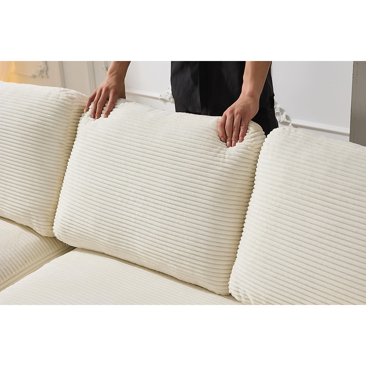 Oversized Modular Sectional Sofa Couch, No Assembly Required Sleeper Sofa, Corduroy Upholstered Cloud Couch, Convertible L Shaped Couch for Living Room, Free Combination (White)
