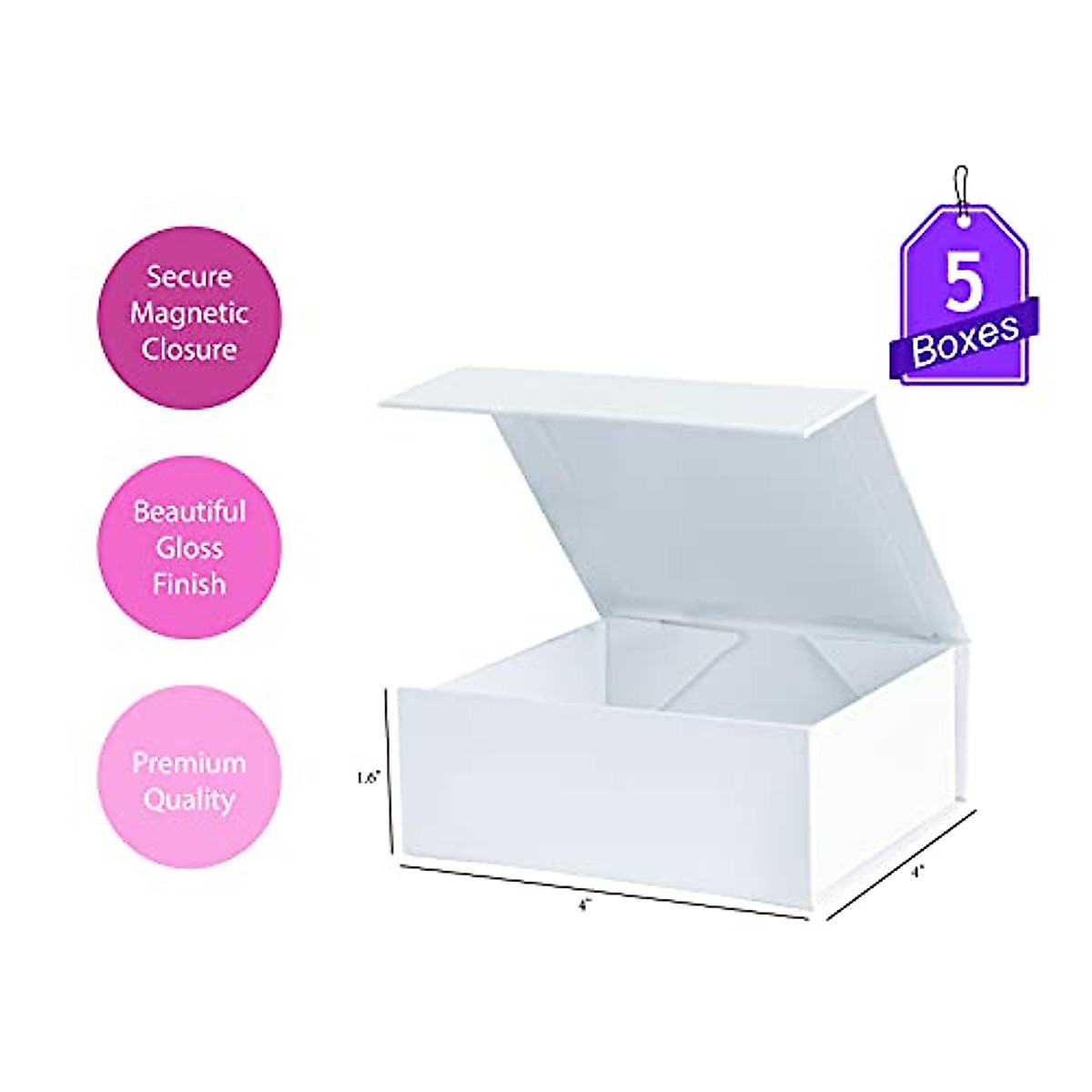 Purple Q Crafts SMALL White Hard Gift Box With Magnetic Closure Lid 4" x 4" x 1.6" Square Favor Boxes With White Glossy Finish (Inner size 3.75" x3.5" x1.5")(5 Boxes)