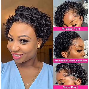 Short Curly Human Hair Wigs Pixie Cut Bob Glueless Wigs Front for Black Women with Baby Hair, 13x1 Lace 180% Density Pre Plucked HD