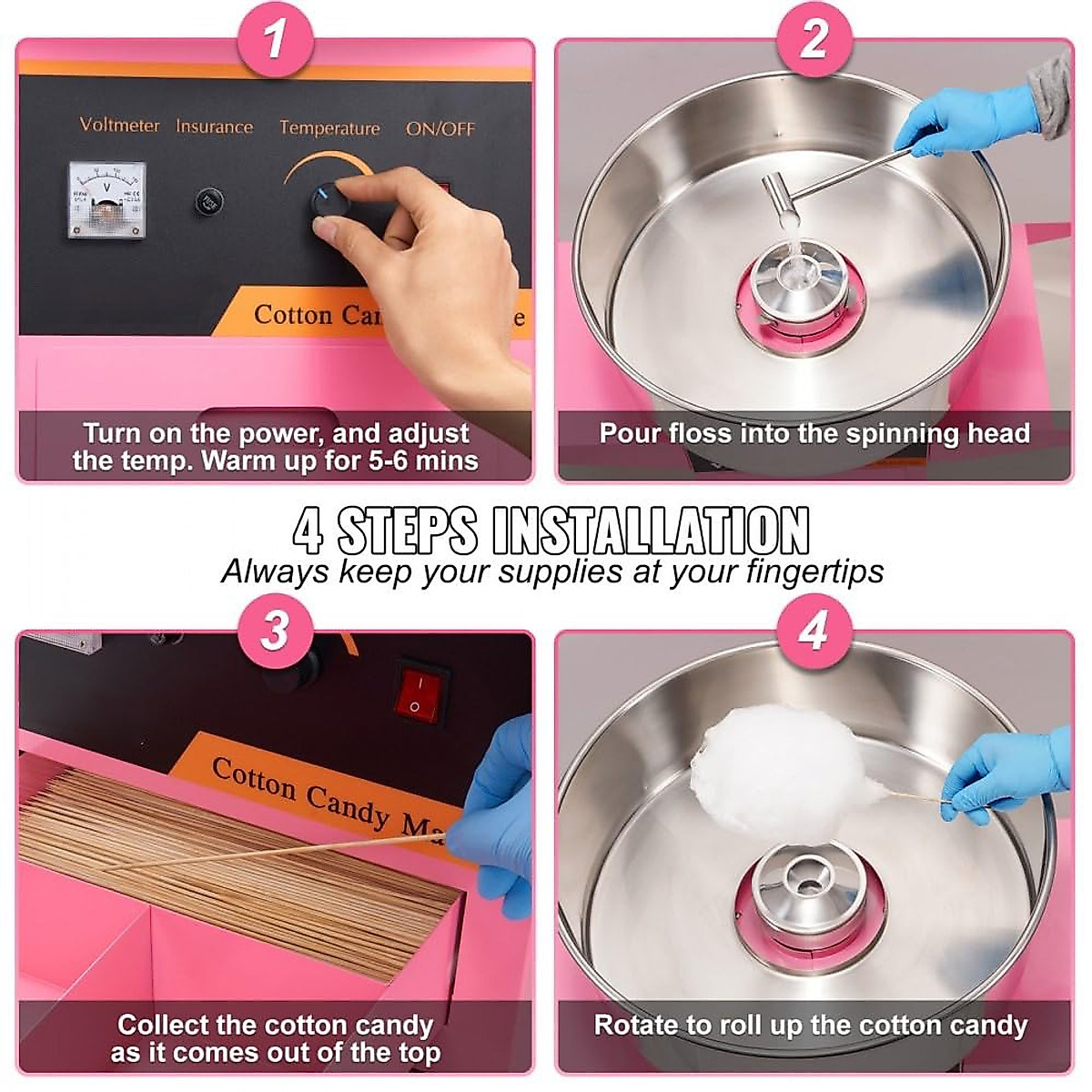 Commercial Electric Cotton Candy Machine with Cart, Stainless Steel Bowl, Sugar Scoop and Drawer - Perfect for Home, Kids Birthday, Family Party - Pink